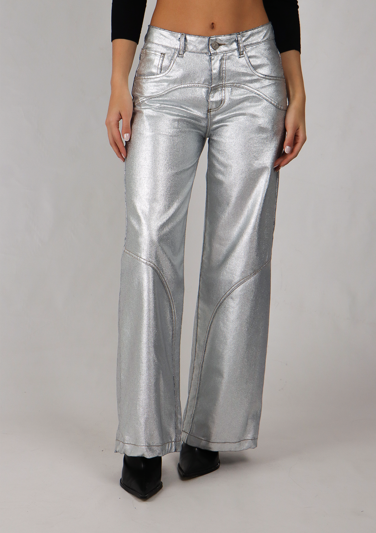 Joy Staz Jean Wide Leg Metalizado - Jean Colombiano Plateado Ref. 7150