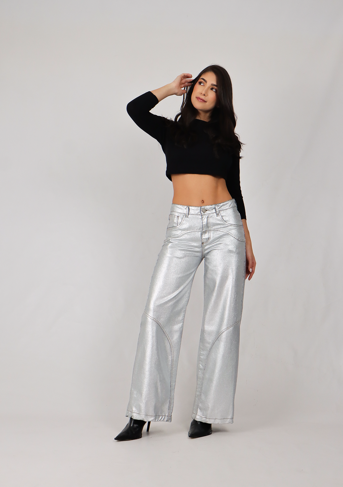 Joy Staz Jean Wide Leg Metalizado - Jean Colombiano Plateado Ref. 7150