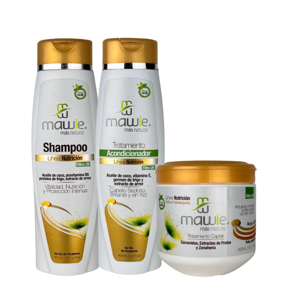 Mawie Paquete Nutrición - Shampoo x450ml, acondicionador x 450ml y tra